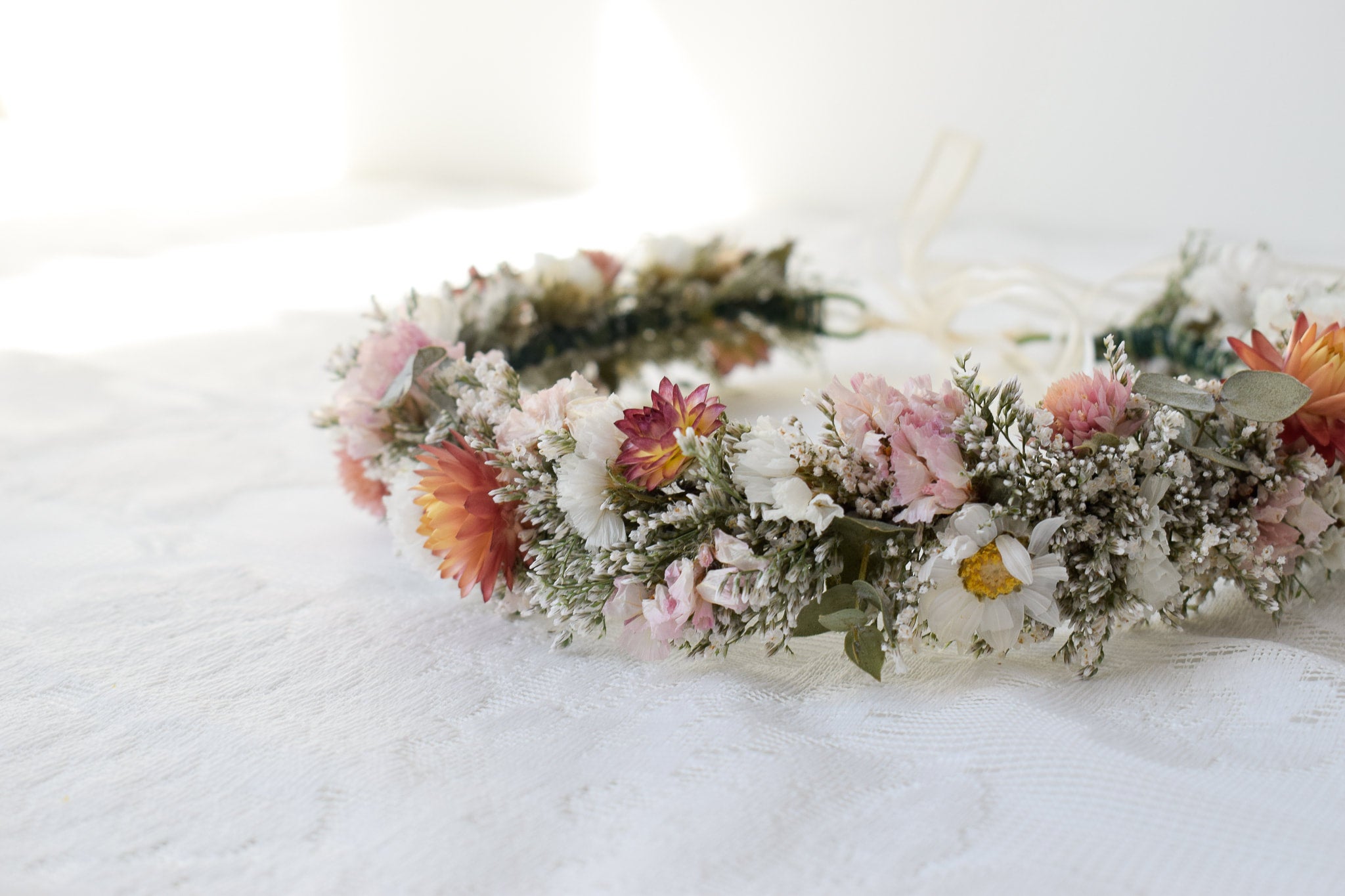 Blush Peach White Dried Flower Crown