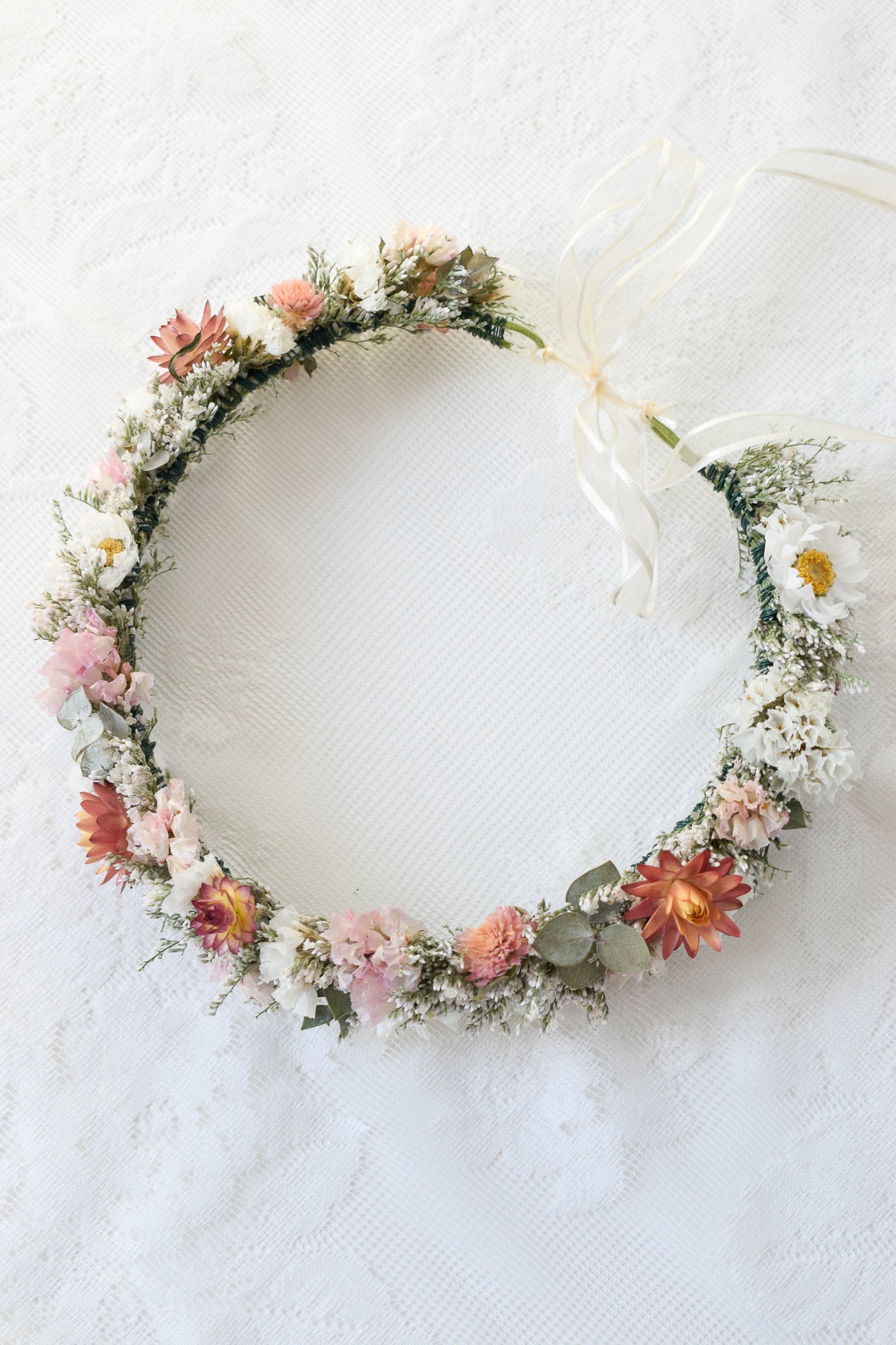 Blush Peach White Dried Flower Crown